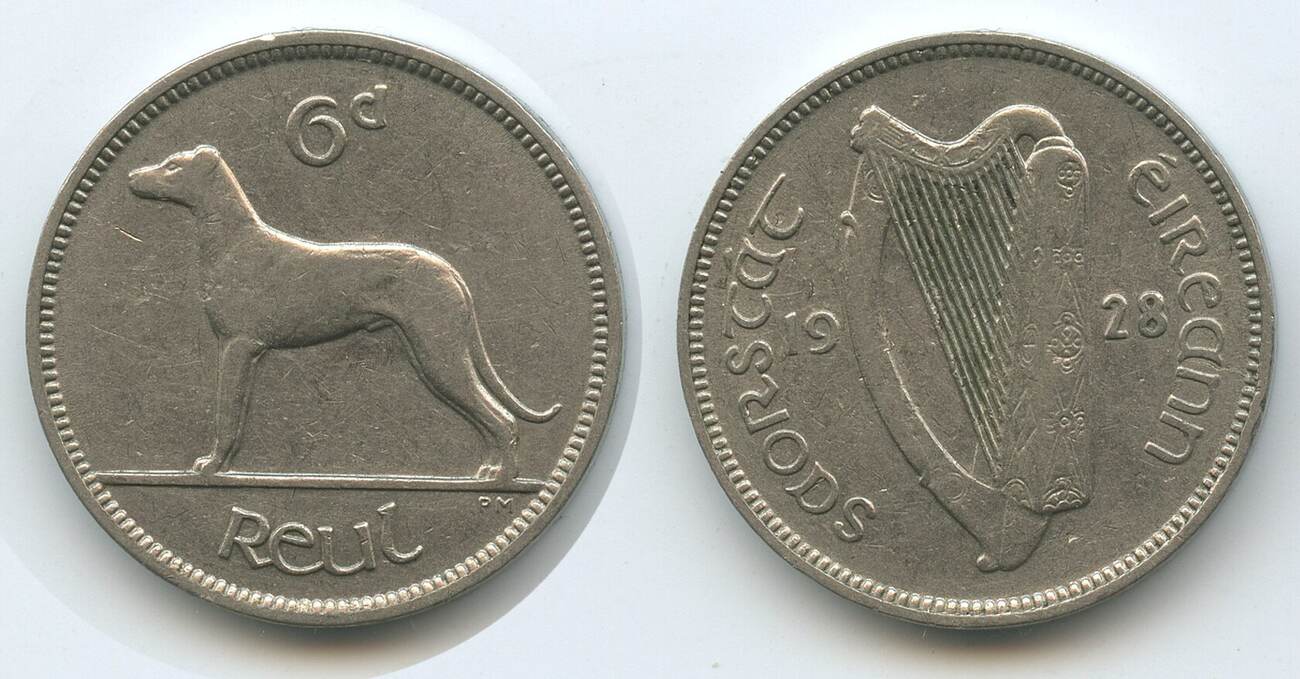Irland 6 Pence (6 Pingin / 1 Reul) 1928 G0691 - Hund Ireland Éire VF ...
