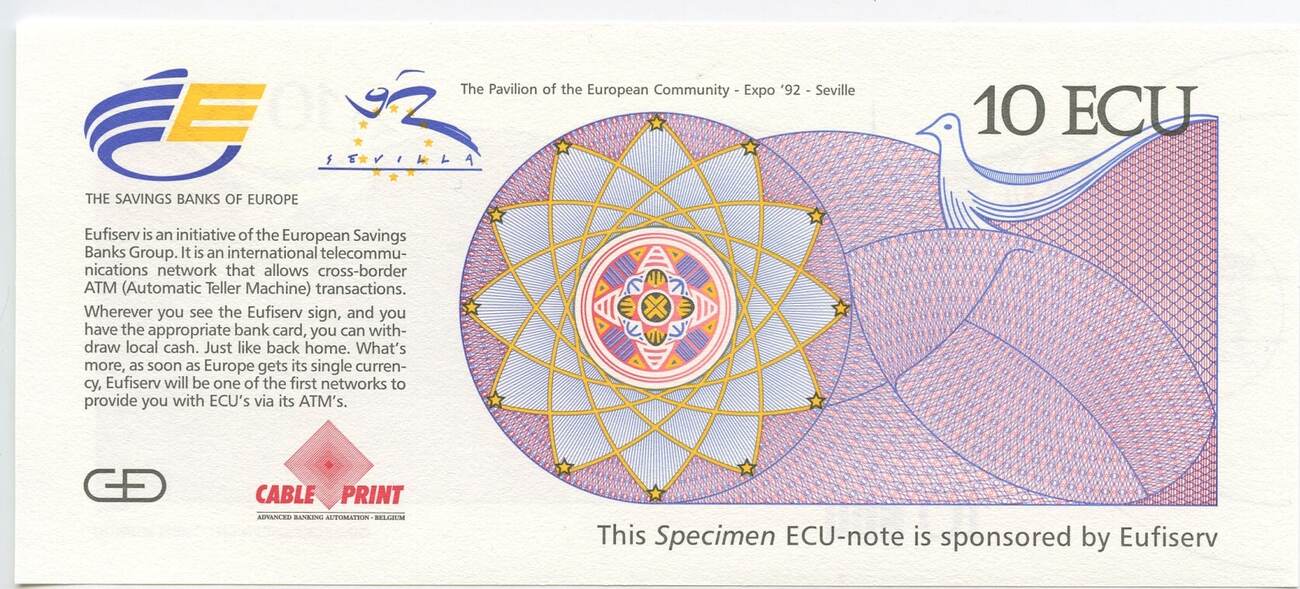 Spanien Europa SPECIMEN 10 ECU TEST banknote test note Probe 1992 GB371 ...