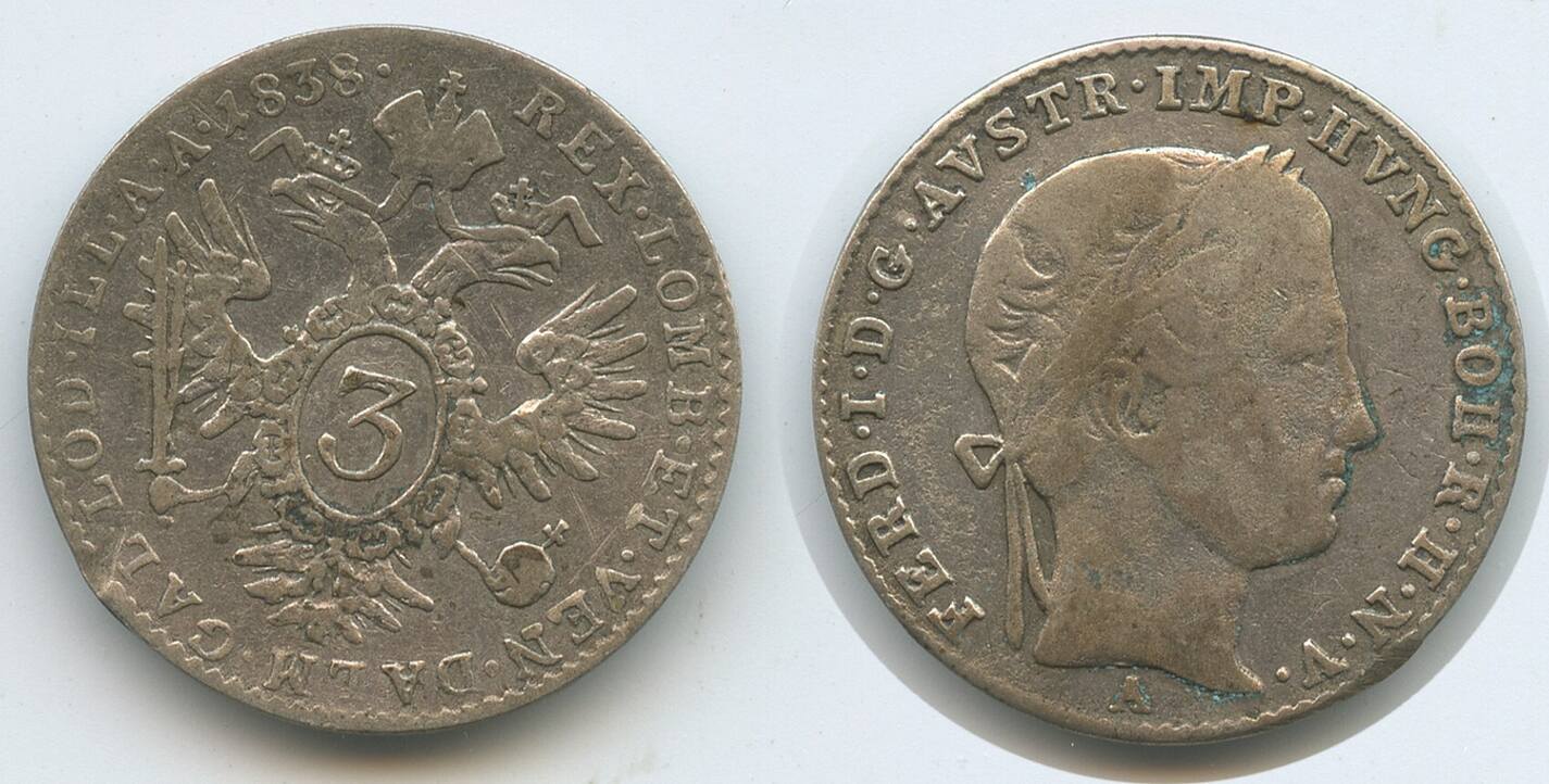 Österreich 3 Kreuzer 1838 A Wien H1042 - Ferdinand I. 1835-1848 Austria F-VF, Druckstelle | MA-Shops