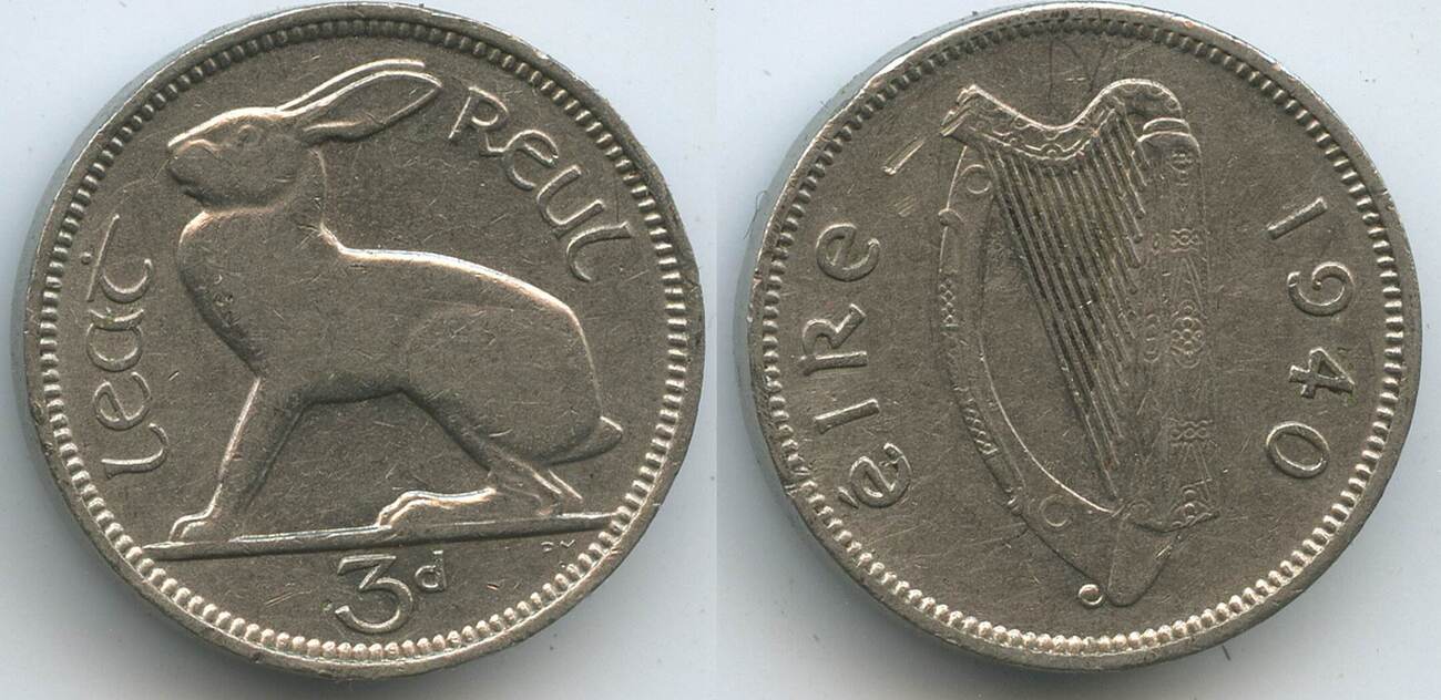 Irland 3 Pence (3 Pingin / ½ Reul) 1940 G0689 - Hase Ireland Éire VF ...