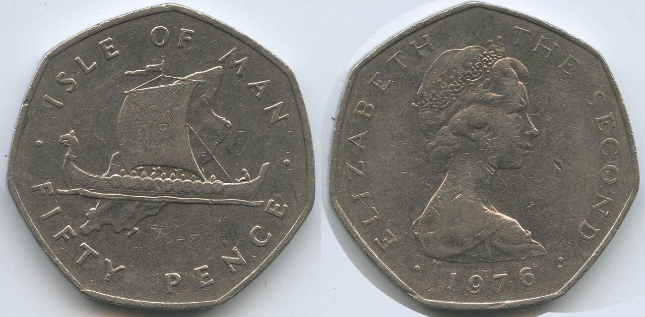 Insel Man Fifty Pence (50 Pence) 1976 G9990 - Viking longship - Queen ...