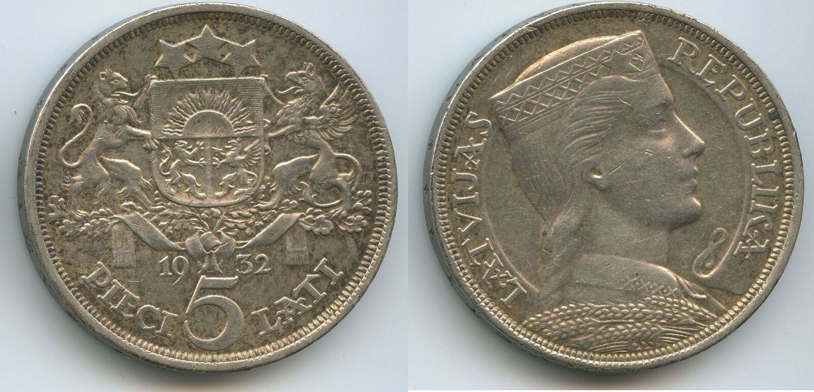 Lettland 5 Lati Silber 1932 GS1035 - Maiden's head Latvija Latvia ...