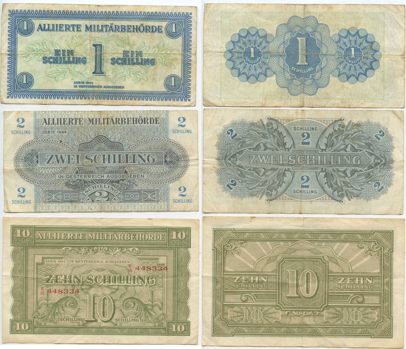 Österreich Allierte Militärbehörde 1, 2, 10 Schilling Banknoten Lot ...
