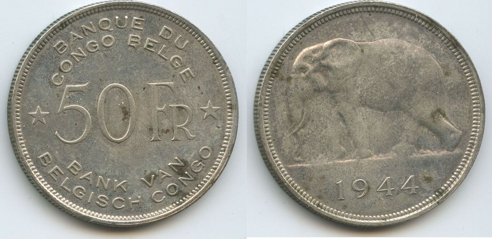 Belgisch Kongo 50 Francs Silber 1944 GS659 - Elephant Léopold III. Belgian Congo RAR VF+ | MA-Shops