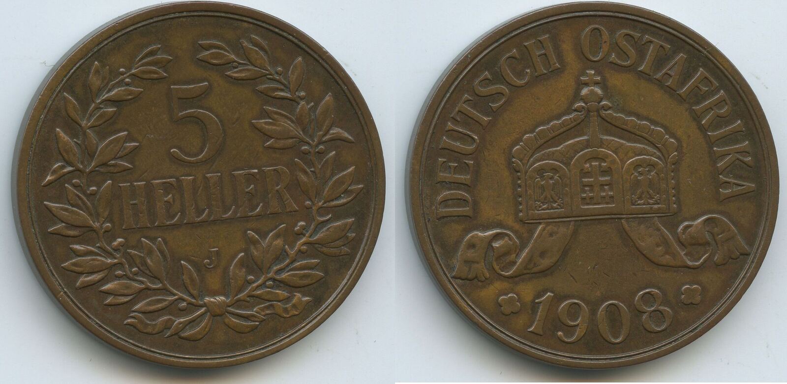 Deutsch Ostafrika 5 Heller 1908 J Hamburg H1010 - Wilhelm II. DOA ...