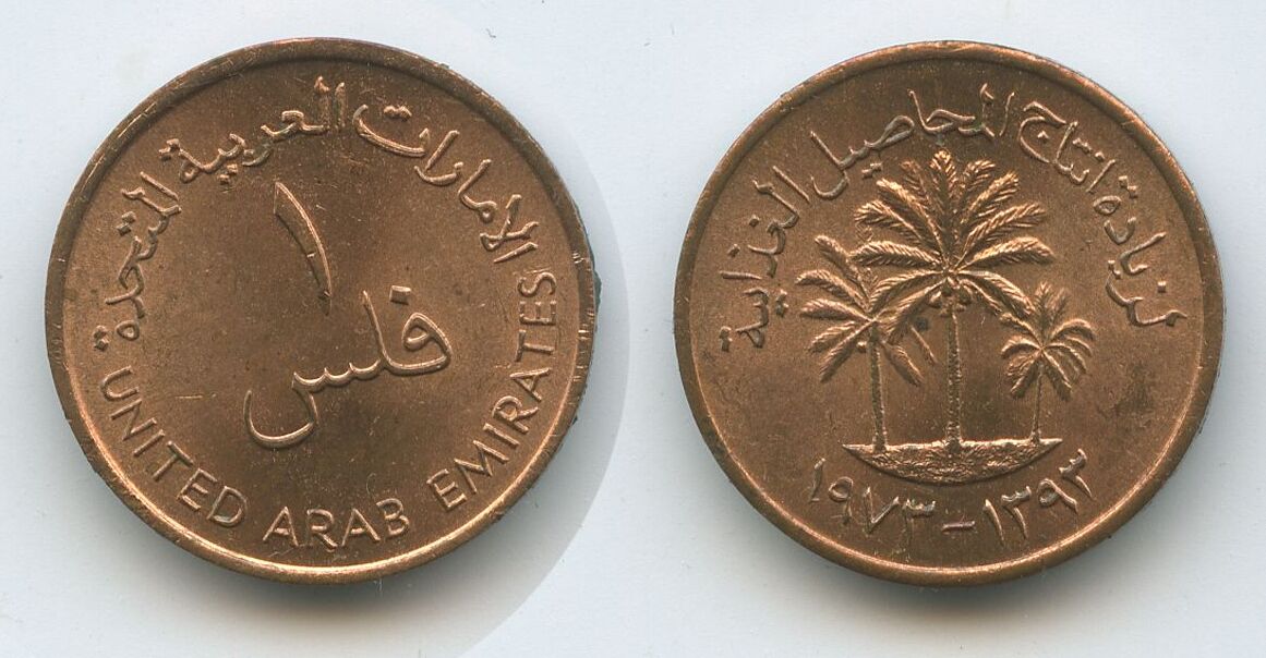 Vereinigte Arabische Emirate 1 Fils 1973 (AH1393) G9429 - Palmen Zayed ...
