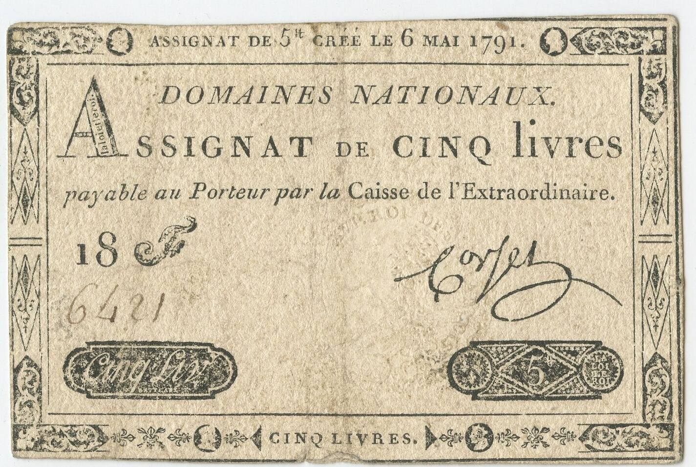Frankreich Assignat de cinq Livres (5 Livres) 1791 GB562 - Banknote ...