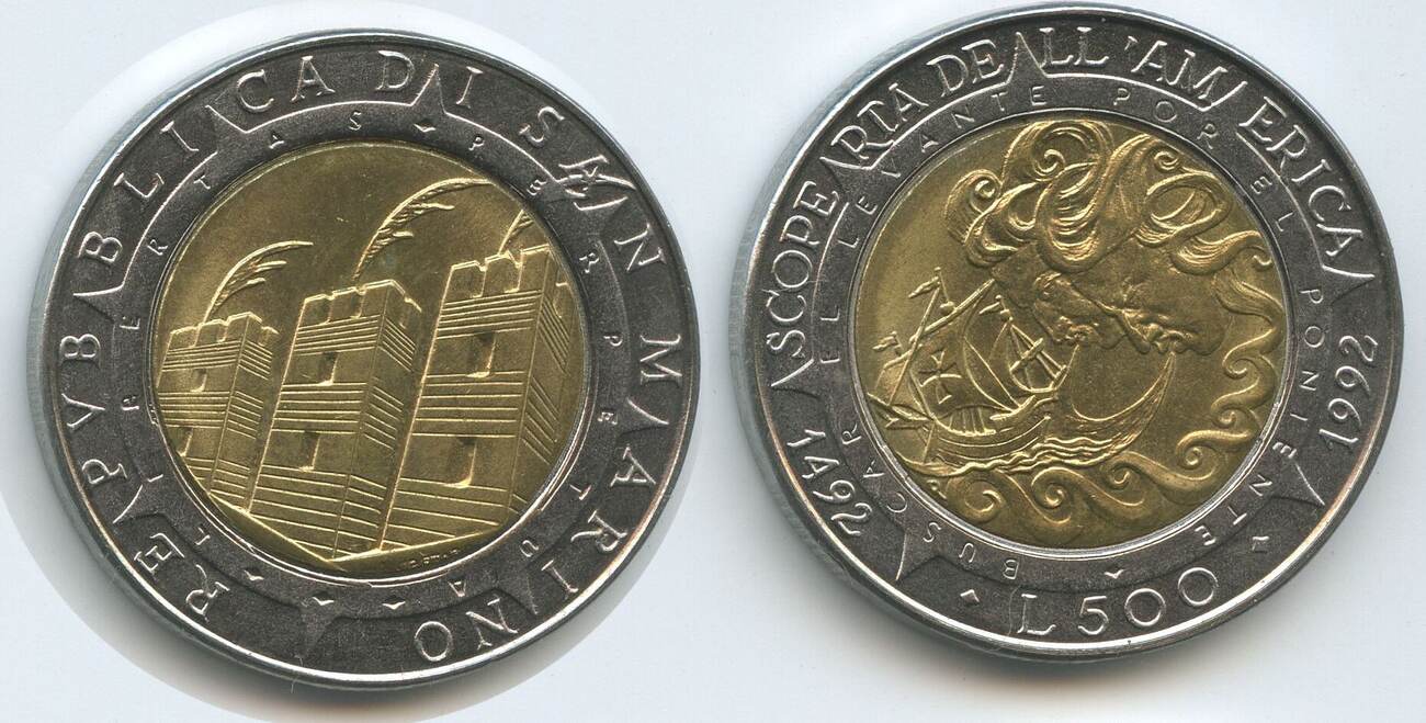 San Marino 500 Lire 1992 R Rom G1596 - Columbus 500th Anniversary of Discovery of America Fast ...