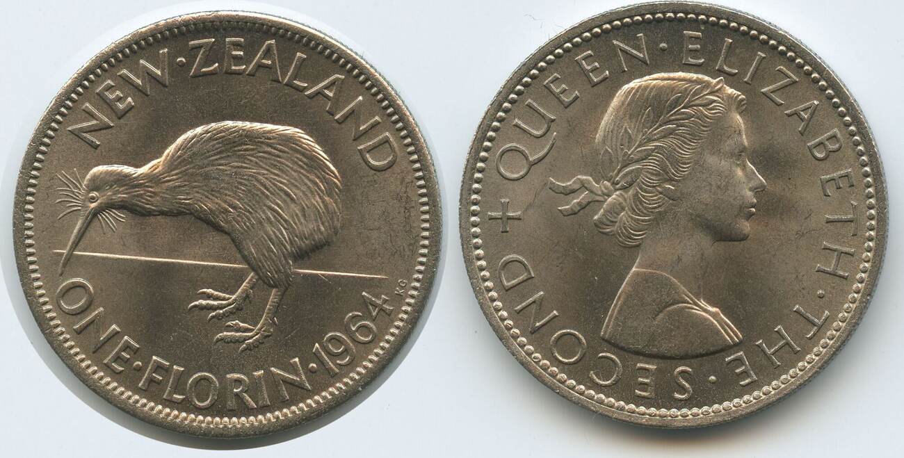 Neuseeland One Florin (1 Florin) 1964 G11819 - Kiwi bird - Elizabeth II ...