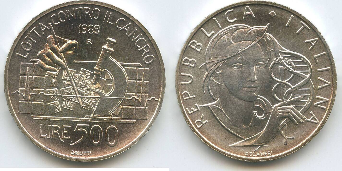 Italien Republik 500 Lire Silber 1989 R Rom M#7607 - Kampf gegen Krebs - Fight against Cancer ...