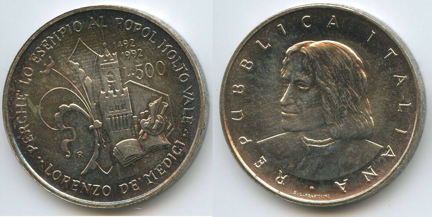 Italien Republik 500 Lire Silber 1992 R Rom M#7624 - 500th Anniversary of the Death of Lorenzo ...
