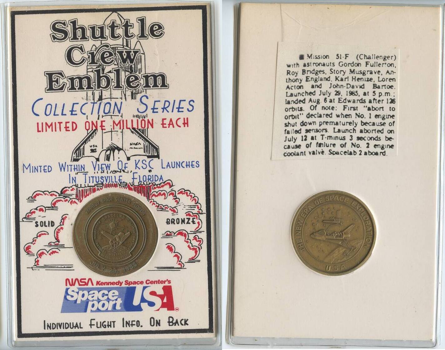 Vereinigten Staaten von Amerika Bronzemedaille Raumfahrt July 29. 1985 ...