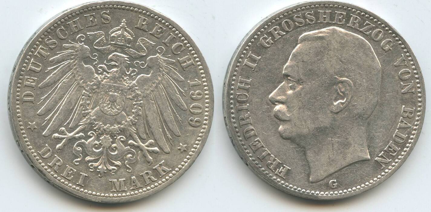 Deutsches Reich Kaiserreich Baden 3 Mark Silber 1912 G Karlsruhe S0148 - Friedrich II. 1907-1918 ...