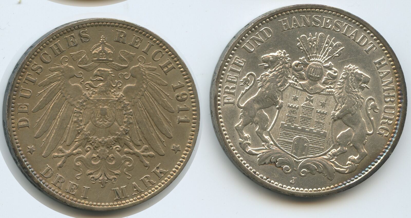 Deutsches Reich Kaiserreich 3 Mark Silber 1911 J Hamburg S0063 - Freie und Hansestadt Hamburg EF ...