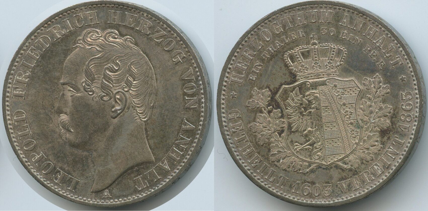 Anhalt-Dessau 1 Vereinstaler Silber 1863 A S0067 - Auf die Wiedervereinigung - Leopold Friedrich ...