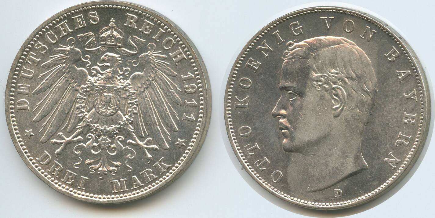 Bayern Königreich 3 Mark Silber 1911 D München S0118 - Otto 1886-1913 - Kingdom of Bavaria ...
