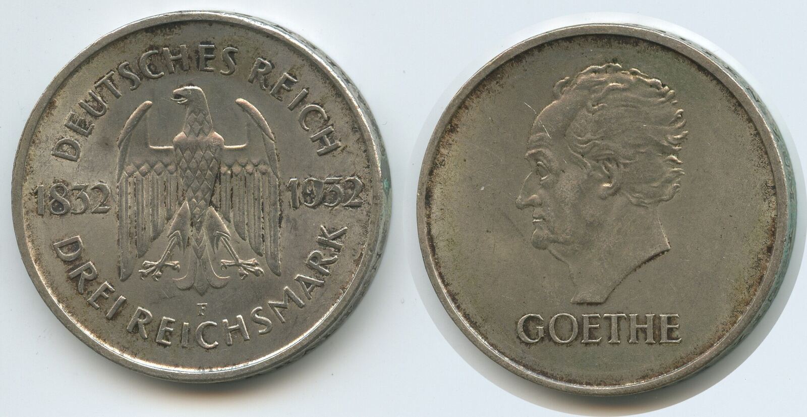 Deutsches Reich Weimar 3 Reichsmark Silber 1932 F Stuttgart S0067 - Johann Wolfgang von Goethe ...