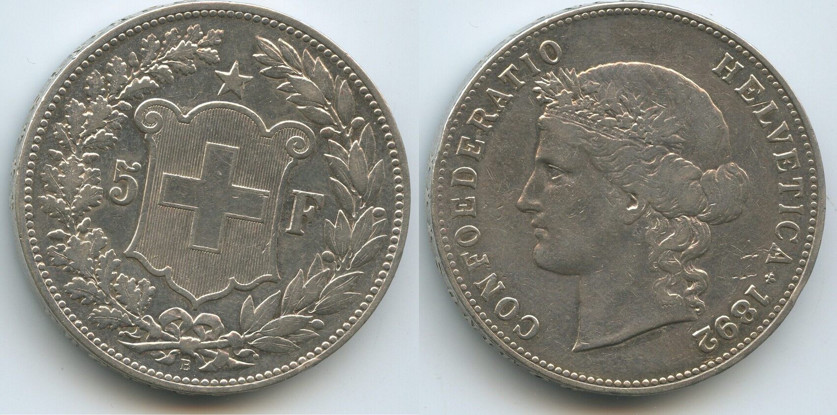 Schweiz Eidgenossenschaft 5 Franken Silber Kopf der Helvetia 1891 B Bern M#1032 - RAR Helvetia ...