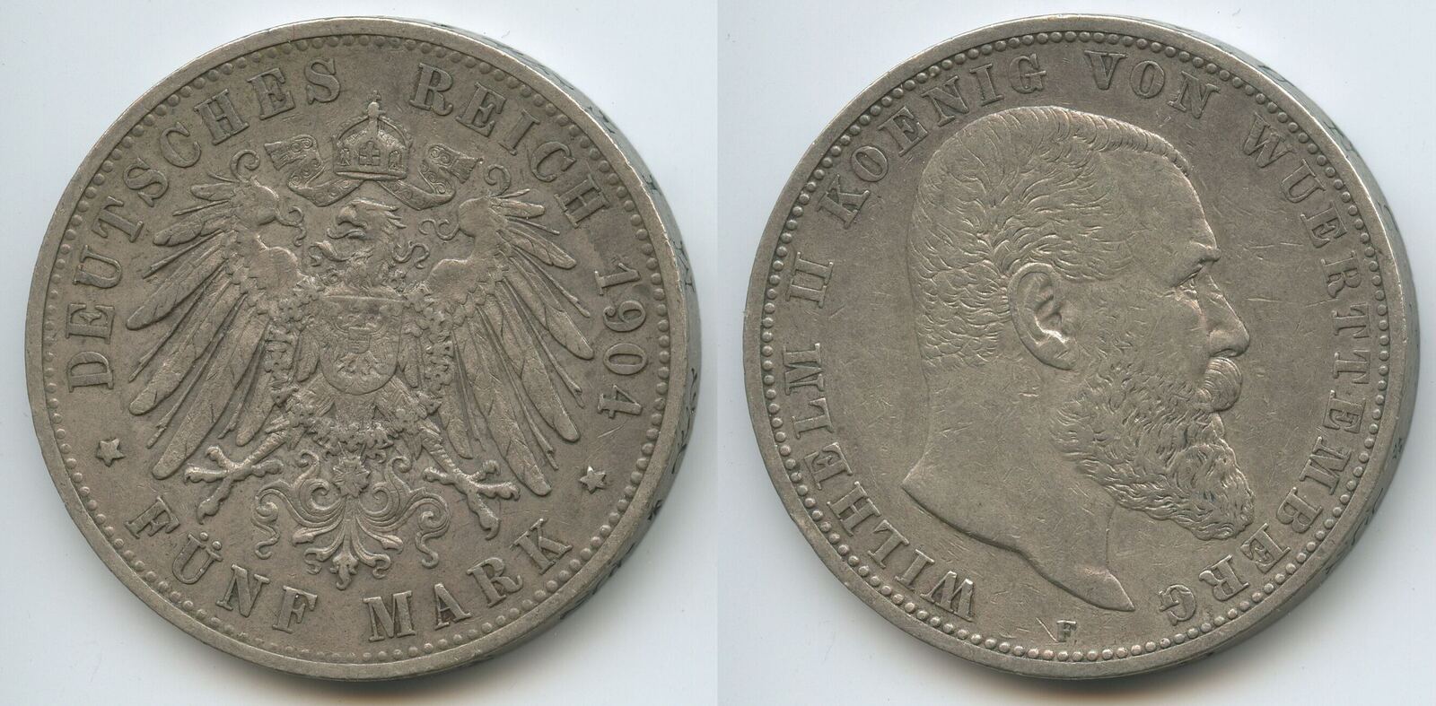 Deutsches Reich Kaiserreich Württemberg 5 Mark Silber 1904 F Stuttgart S0025 - Wilhelm II. 1891 ...