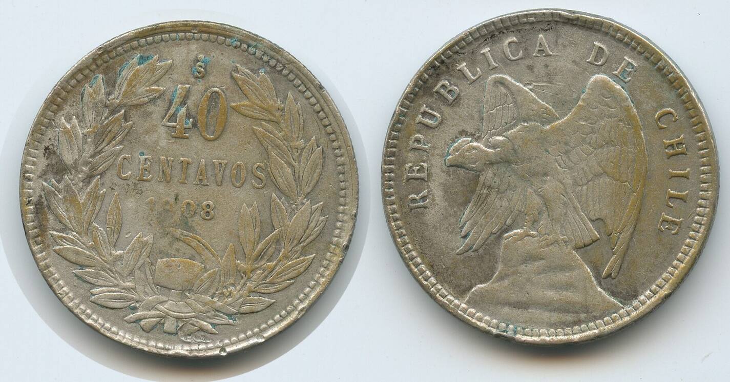 Chile Republic 40 Centavos Silber 1908 S° H0763 - Condor F-VF | MA-Shops