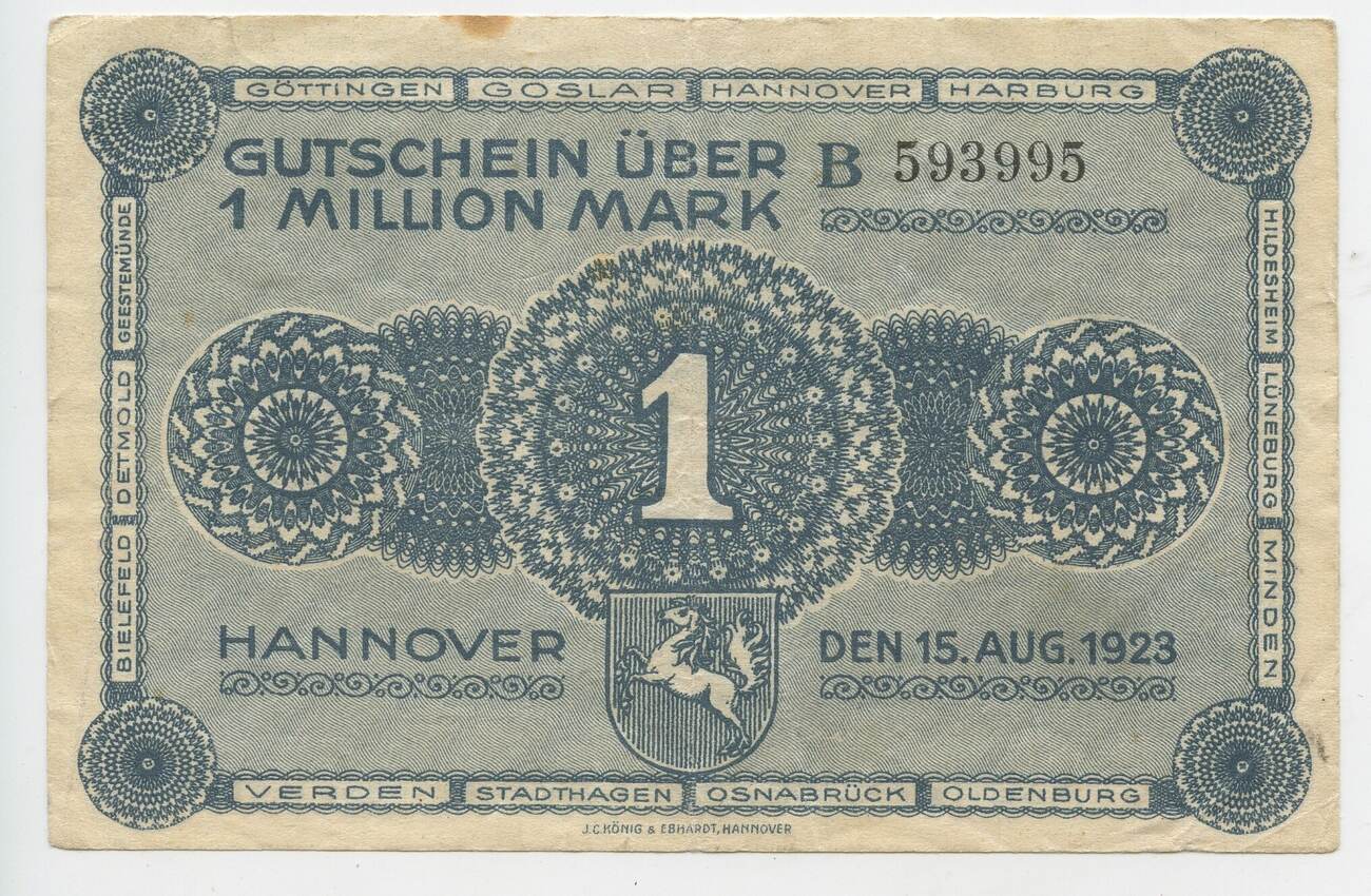 Deutsches Reich Weimar 1 Million Mark Banknote Inflation 1923 GB644 ...