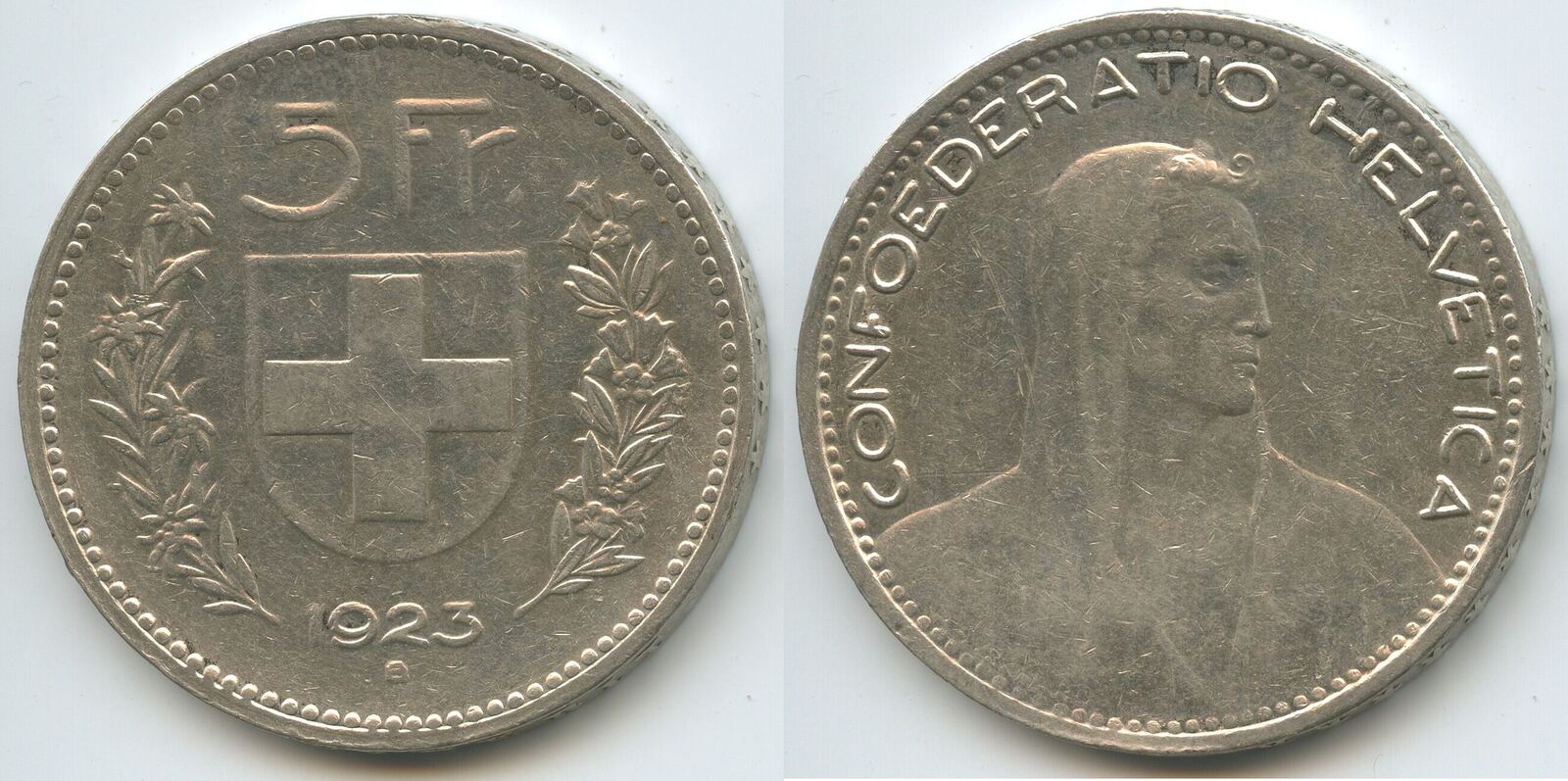 Schweiz Eidgenossenschaft 5 Franken Silber (5 Francs) 1923 B Bern M#1008 - Alphirte Herdsman ...