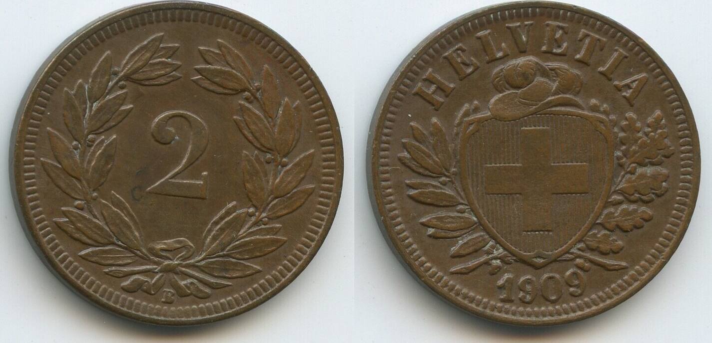 Schweiz Eidgenossenschaft 2 Rappen 1909 B Bern G3307 - Helvetia Helvétique Switzerland VF-EF ...