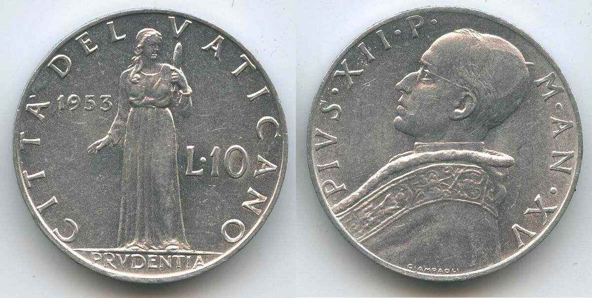 Vatikan 10 Lire 1953-XV G1746 - Papst Pius XII. 1938-1958 Vatican City EF | MA-Shops