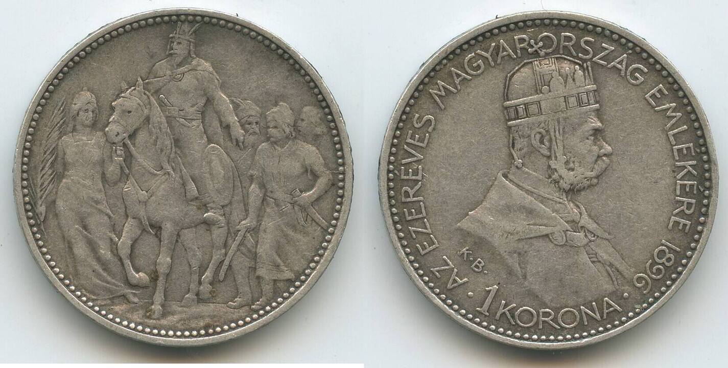 Ungarn Kaiserreich 1 Korona (Krone) Silber 1896 KB Kremnitz G5760 - 1000-Jahrfeier Millennium ...