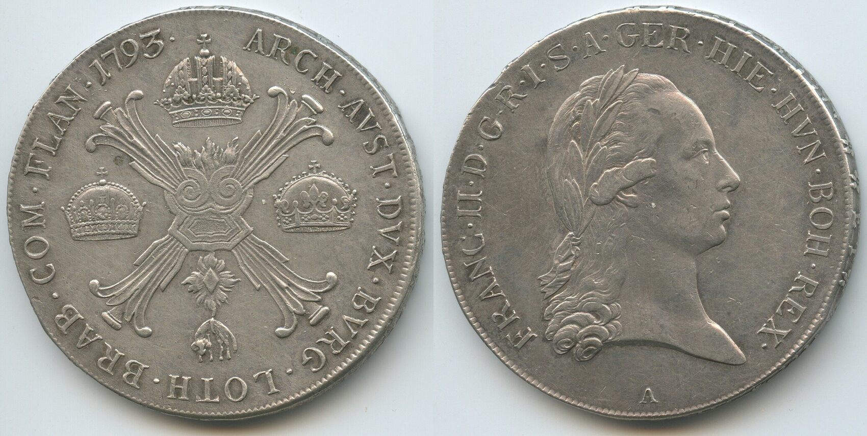 RDR Österreichische Niederlande Habsburg 1 Kronentaler (Crocione) Silber 1793 A Wien M#8820 ...
