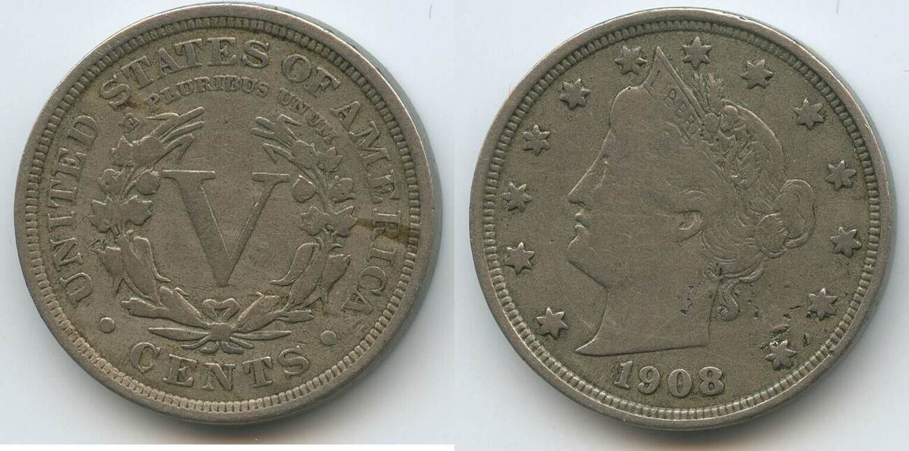Vereinigten Staaten von Amerika 5 Cents Liberty Nickel (V Cents) 1908 ...