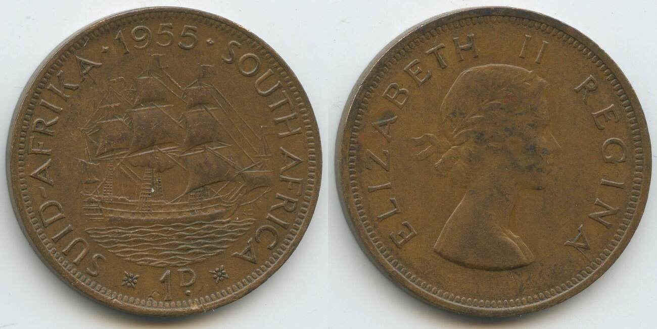 Südafrika 1 Penny 1955 G9535 - Ship Dromedaris - Queen Elizabeth II ...