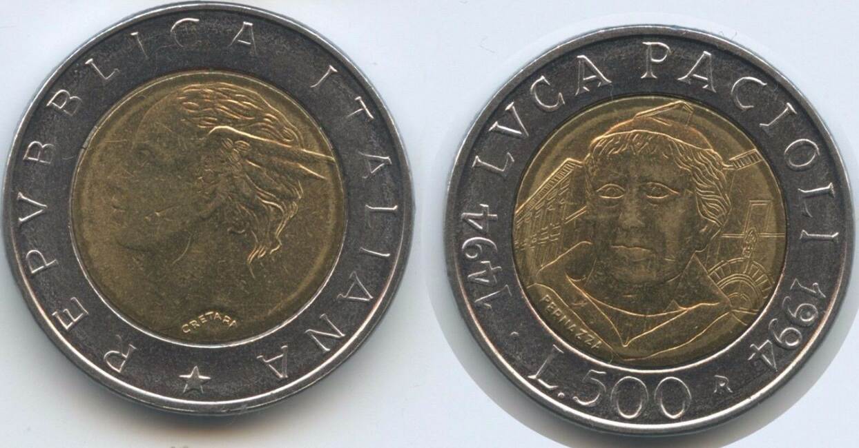 500 Lire 1994 G1959 - Italien KM#181 Luca Pacioli Mathematical Work Italy | MA-Shops