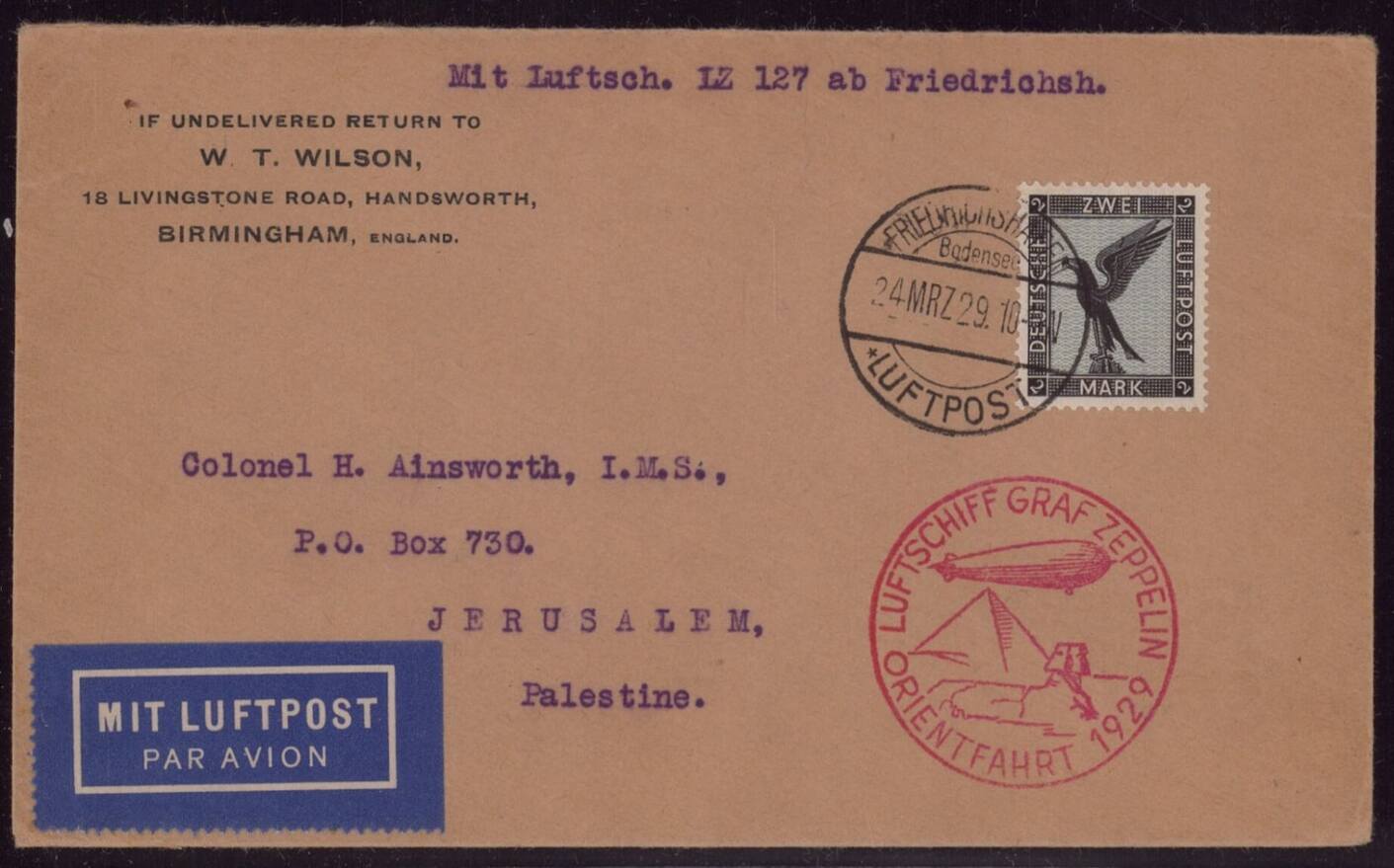 Zeppelinpost Zeppelin Brief LZ 127 (Graf Zeppelin) Orientfahrt 1929 ...