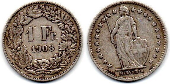 Suisse 1 Franc 1908 B F+ | MA-Shops
