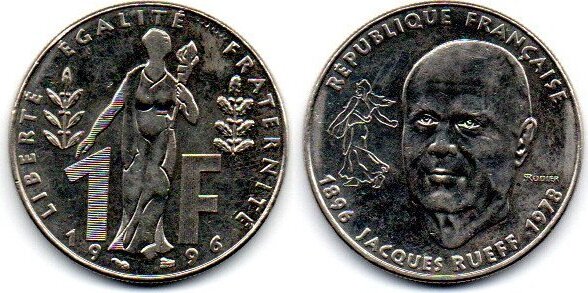 France - Frankreich 1 Franc 1996 Jacques Rueff AU | MA-Shops