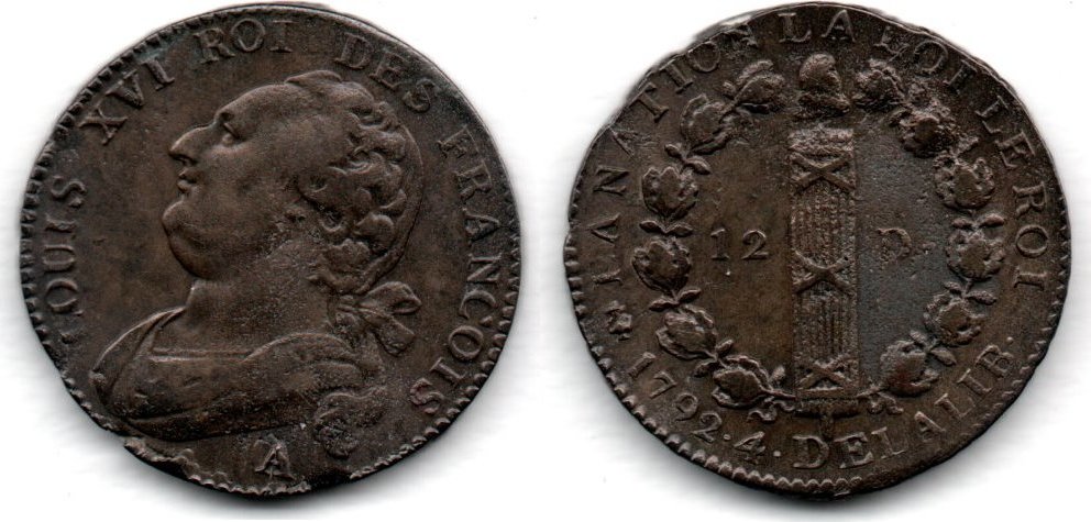 France 12 Deniers Lyre 1792 A Constitution VF | MA-Shops