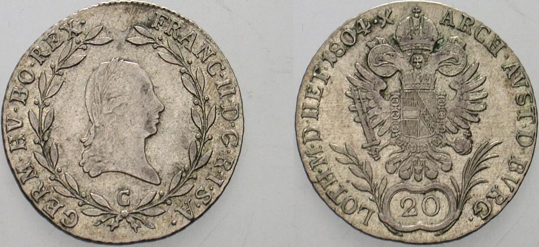 Haus Habsburg 20 Kreuzer 1804 C Franz II.(I.) 1792-1835. Patina, fast vorzüglich | MA-Shops
