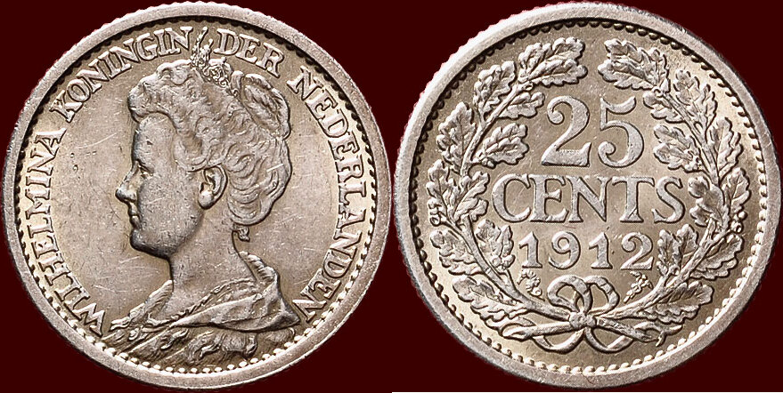 Koninkrijk der Nederlanden 25 Cents 1912 NEDERLAND (NETHERLANDS, KINGDOM) - WILHELMINA, 1890 ...