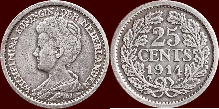 Koninkrijk der Nederlanden 25 Cents 1914 NEDERLAND (NETHERLANDS, KINGDOM) - WILHELMINA, 1890 ...