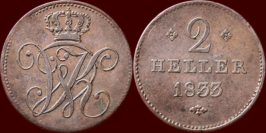 2 Heller 1833 GERMANY - HESSEN-KASSEL, KURFÜRSTENTUM - WILHELM II ...