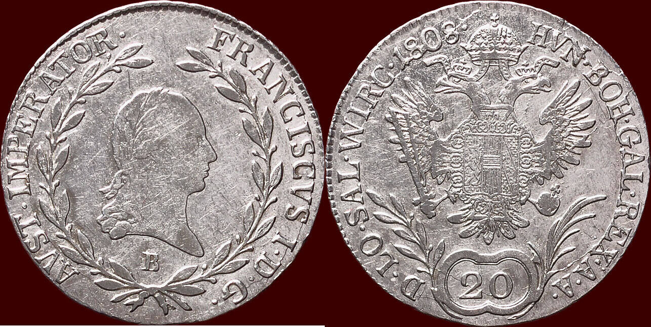 20 Kreuzer HABSBURG EMPIRE - HUNGARY - FRANZ II (I), 1792-1835 - 1808 B, Kremnitz vf / xf | MA-Shops