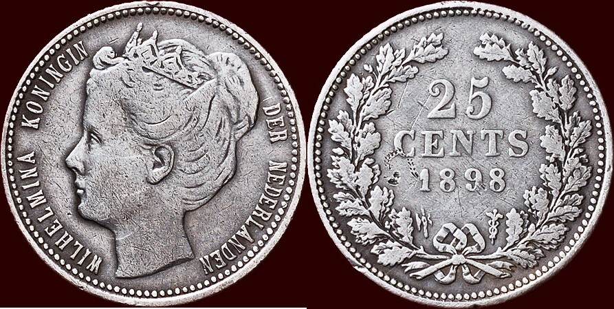 Koninkrijk der Nederlanden 25 Cents 1898 NEDERLAND (NETHERLANDS, KINGDOM) - WILHELMINA, 1890 ...