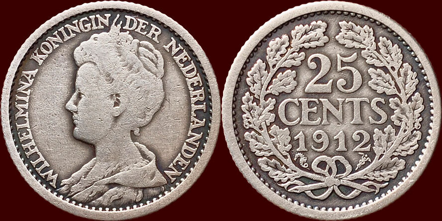Koninkrijk der Nederlanden 25 Cents 1912 NEDERLAND (NETHERLANDS, KINGDOM) - WILHELMINA, 1890 ...