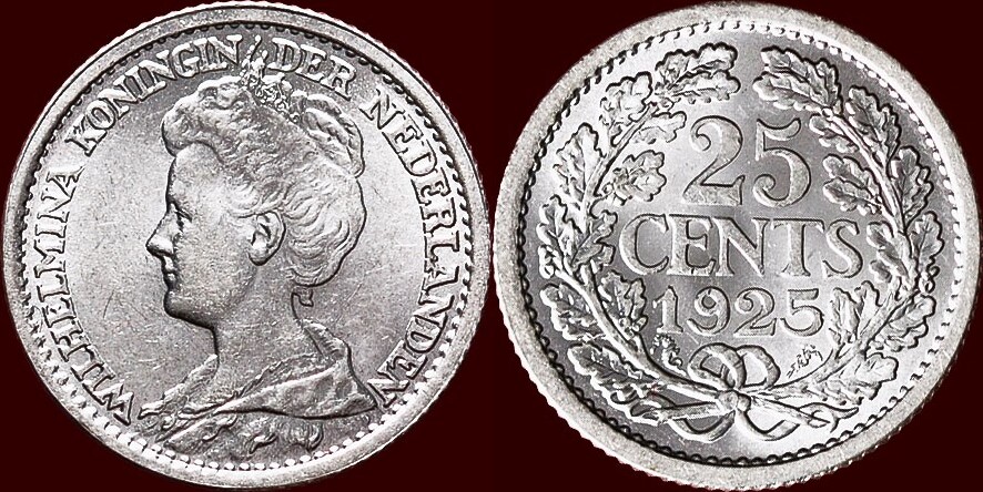 Koninkrijk der Nederlanden 25 Cents 1925 NEDERLAND (NETHERLANDS, KINGDOM) - WILHELMINA, 1890 ...