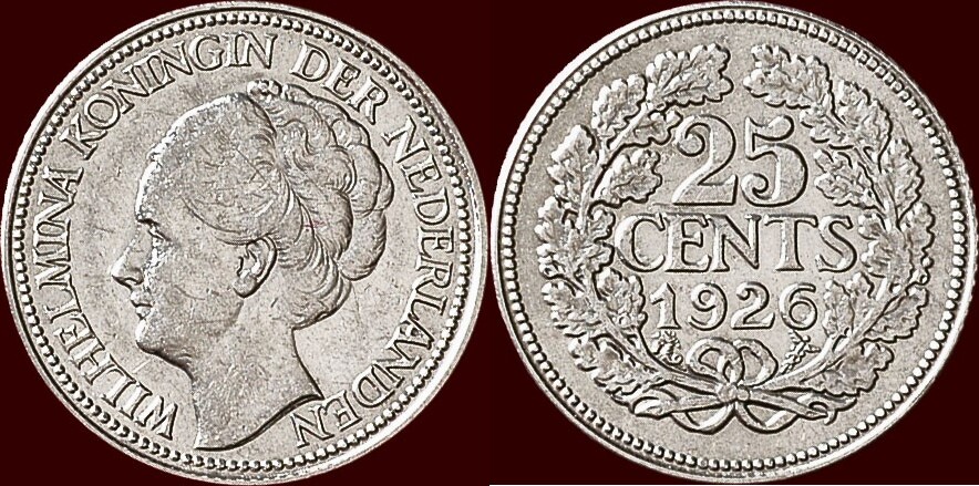 Koninkrijk der Nederlanden 25 Cents 1926 NEDERLAND (NETHERLANDS, KINGDOM) - WILHELMINA, 1890 ...