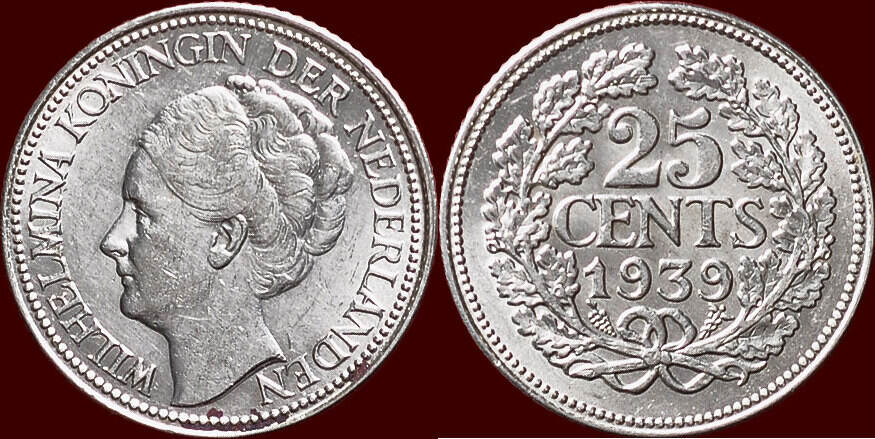 Koninkrijk der Nederlanden 25 Cents 1939 NEDERLAND (NETHERLANDS, KINGDOM) - WILHELMINA, 1890 ...