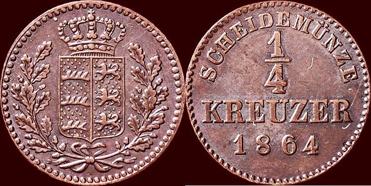 ¼ Kreuzer 1864 GERMANY - WÜRTEMBERG, KÖNIGREICH - WILHELM I, 1816-1864 ...
