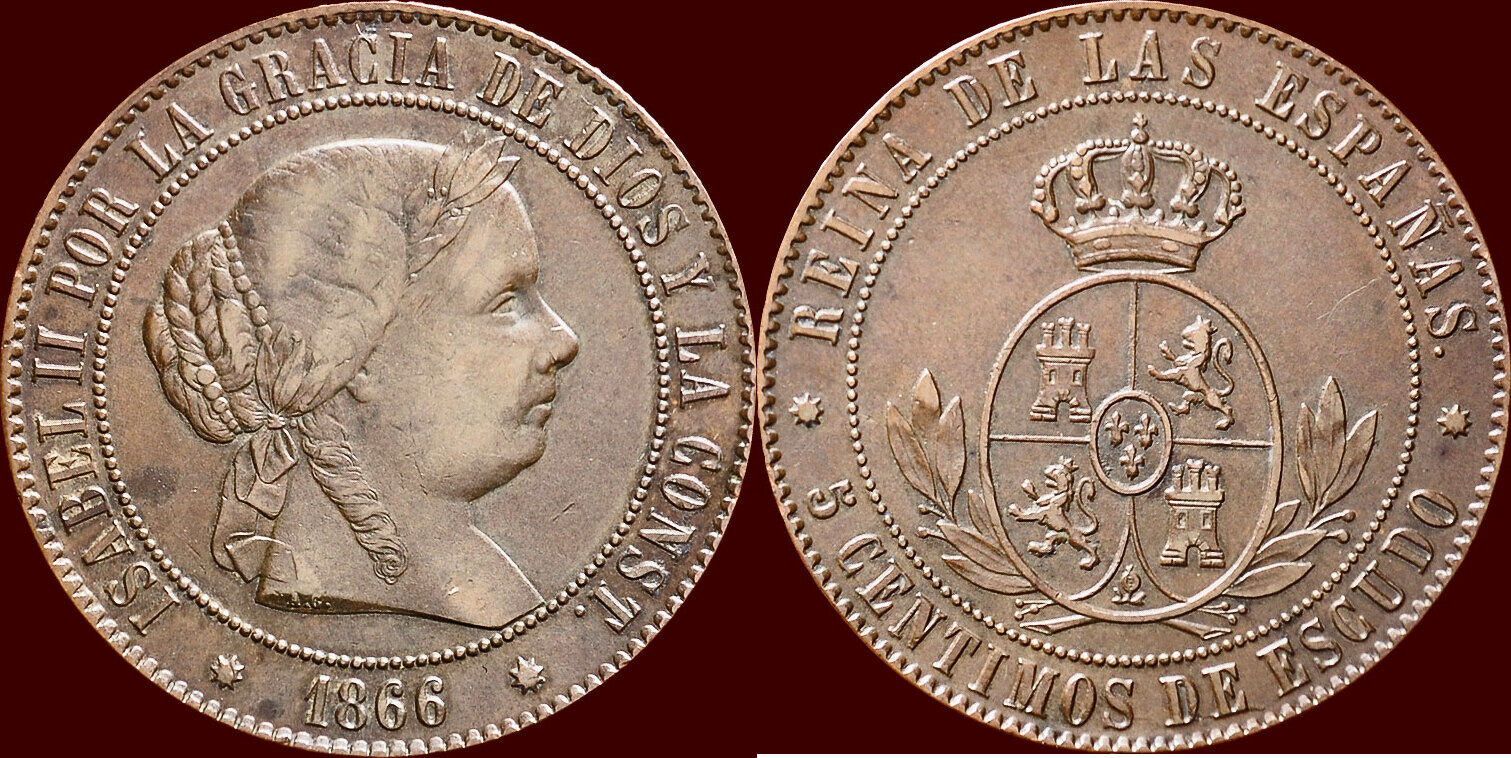 5 Centimos SPAIN, KINGDOM - ISABEL II, 1833-1868 - 1866, Barcelona vf ...