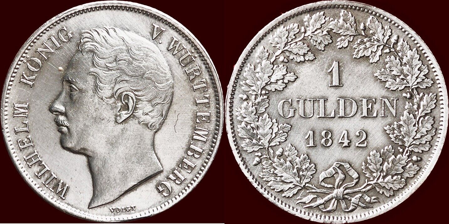 1 Gulden GERMANY - WÜRTEMBERG, KÖNIGREICH - WILHELM I, 1816-1864 - 1842 ...